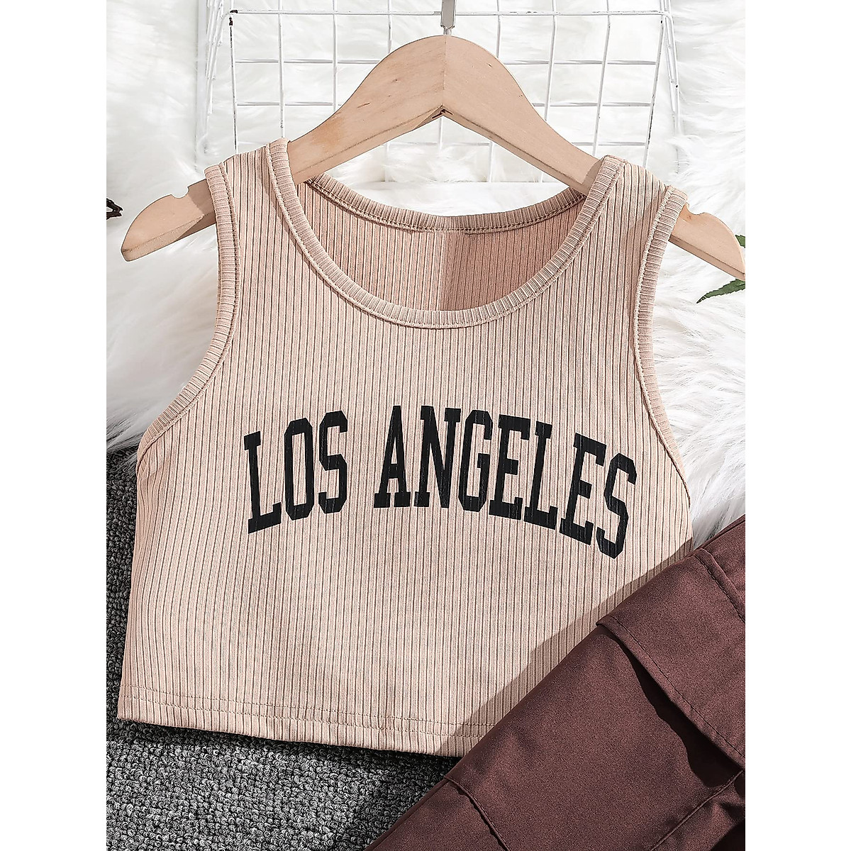 Floerns Girls 2 Piece Outfit Letter Print Rib Knit Crop Tank Top and Cargo Pants Brown 10Y