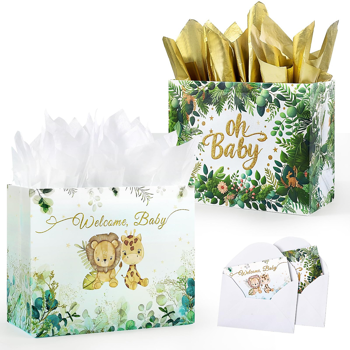 YANGTE 2 Pack 13" Large Baby Gift Bag for Baby Shower, Reusable Non-Woven Baby Gift Wrap Bags with Tissue Paper and Greeting Card for Boy and Girl Baby Shower Party