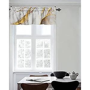 Kakmok Window Valance for Kitchen Cafe,Gold White Gradient Marble Rod Pocket Drape Privacy Curtain,Irregular Line Art Short Curtains for Bathroom/Living Room/Bedroom Windows Decor