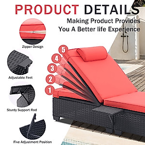 Chaise Lounge Chairs for Outside, 5-Speed Adjustable Patio PE Rattan Lounge Chairs with Cup Holder and Cushions, Outdoor Reclining Chair Set of 2 for Poolside Beach Yard (Orange Red)