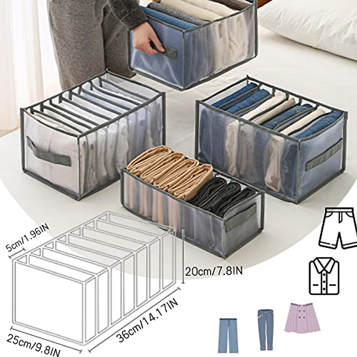 Wardrobe Clothes Organizer, Upgraded Washable Closet Organizers and Storage, Washable Jeans Compartment Storage Box, Foldable Drawer Mesh Separation Box for Jeans, Shirt, Skirt, Legging (2Pcs)