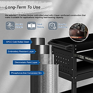 Tooremine 3 Tier Rolling Tool Cart, 330 lb Capacity Utility Cart, Metal Service Tool Cart with Drawer and Lock, Tool Storage Cart for Garage Warehouse Workshop Repair Shop (Black)