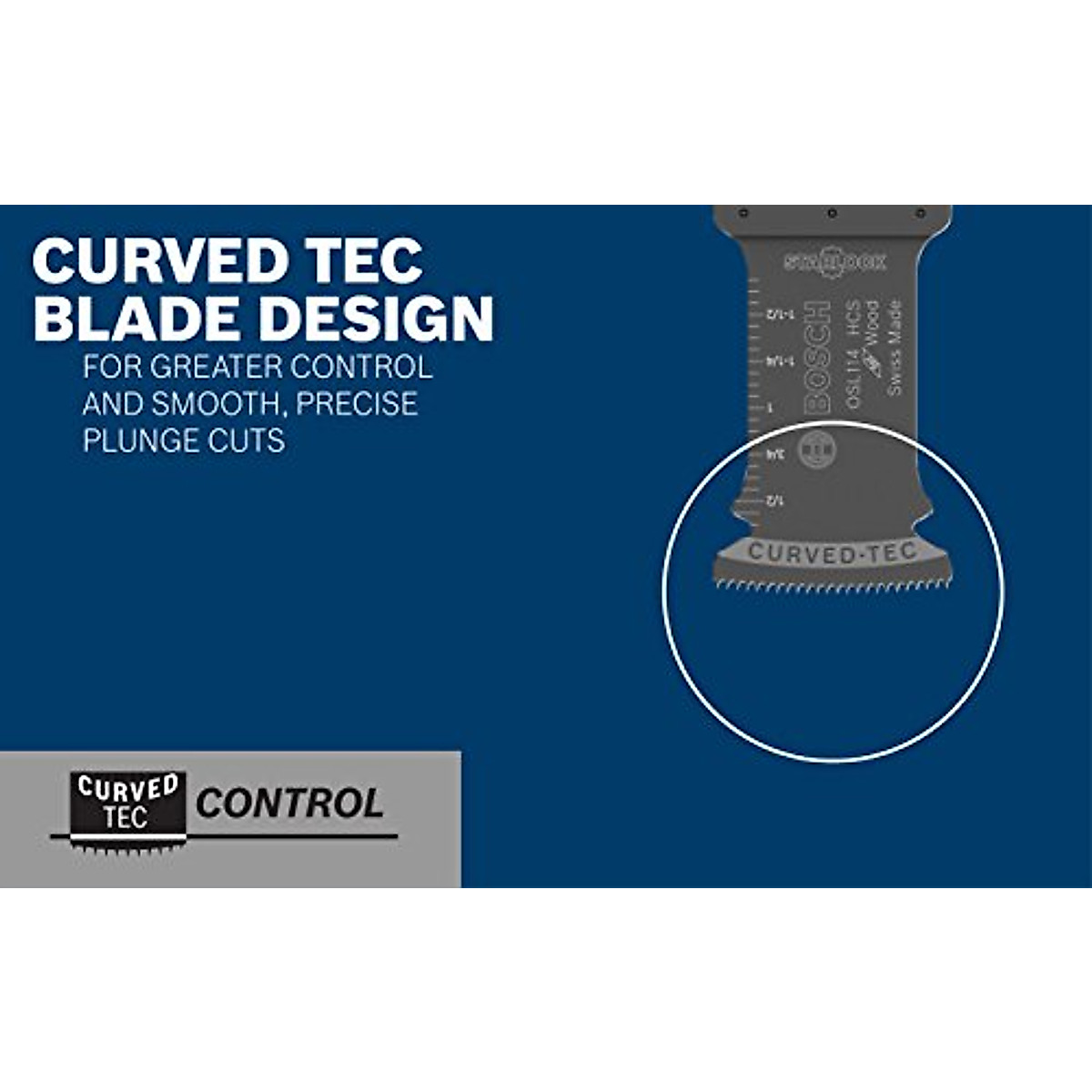 BOSCH OSM114 1-Piece 1-1/4 In. StarlockMax Oscillating Multi Tool Wood Curved-Tec High-Carbon Steel Plunge Cut Blade for Extreme-Duty General-Purpose Applications in Wood