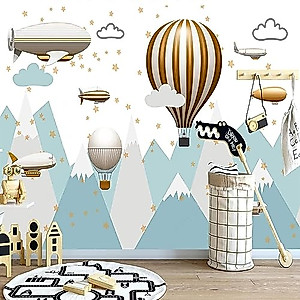 Cartoon Hot Air Balloon Wall Mural Wallpaper, 3D Star Rocket Peel and Stick Self-Adhesive Wallpaper, Removable Large Photo Sticker TV Background Decor for Living Room Bedroom 116" W x 91" H