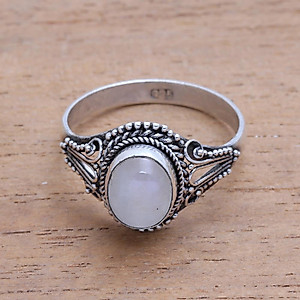 NOVICA Artisan Handmade Rainbow Moonstone Singlestone Ring from Bali .925 Sterling Silver Indonesia Gemstone 'Princess Gem'