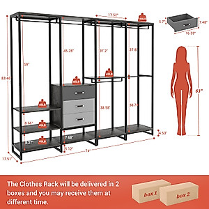 Aheaplus Wood Clothes Rack Wardrobe Closet for Hanging Clothes Heavy Duty Garment Rack, Large Corner L Shaped Closet System Organizer Walk-in Closet for Bedroom with 3 Wood Drawers,-S1, White and Grey