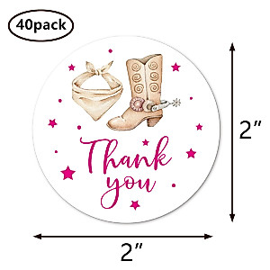 Cowgirl Boots Thank You Stickers, 2 Inch Girl Pink Western Birthday Baby Shower Party Favor Labels 40-Pack