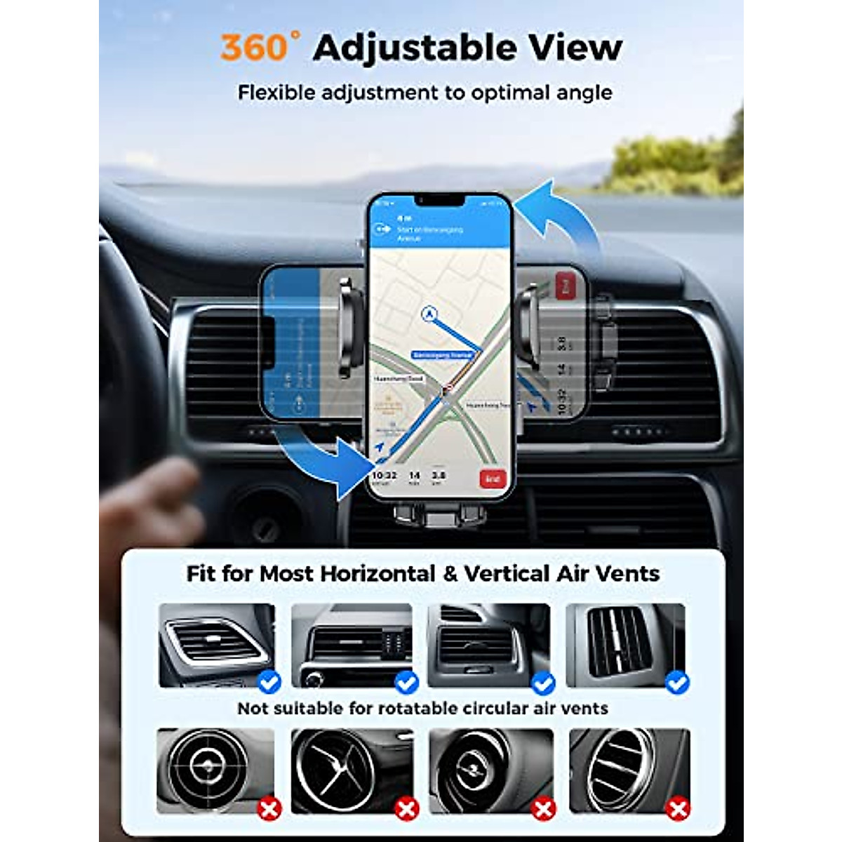 Anwas Car Phone Holder Mount [Big Phone & Thick Case Friendly ] Universal Air Vent Car Mount, Hands Free Cell Phone Holder for Car Compatible with All iPhones & Android Smartphones