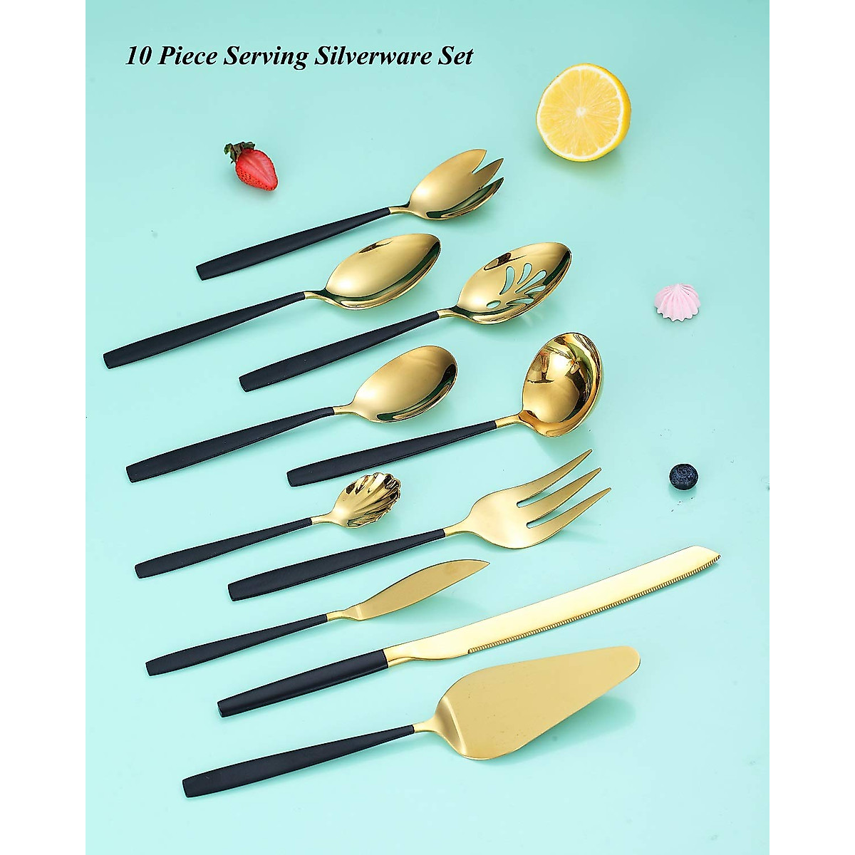 Black with Gold Silverware Serving Set 10 Pieces, Black Gold Flatware Serving Set, Serving Utensils, Include Slotted Spoon, Cake Server, Sugar Spoon, Soup Ladle, Wedding Cake Knife Ect