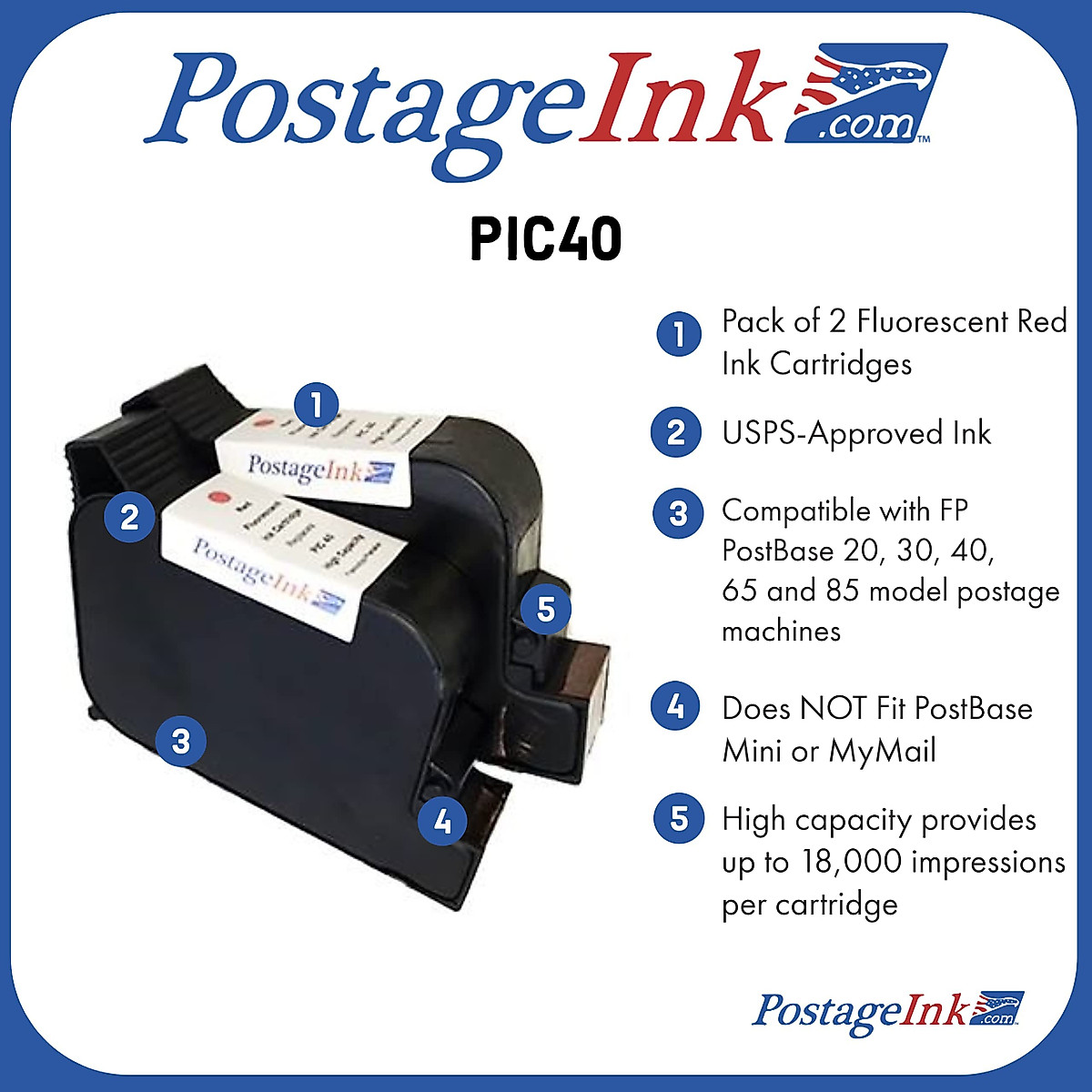 Postageink.com PIC40 High Capacity Ink Cartridge for FP PostBase 20, 30, 45, 65 and 85 Model Postage Meters; Non-OEM Replacement Pack of 2