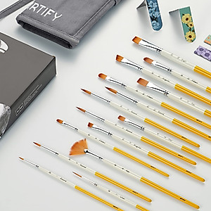 ARTIFY Sunflower 15 Pieces Paint Brush Set, Expert Series, Enhanced Synthetic Brush Set with Canvas Roll and Special Bookmarks for Acrylic, Oil, Watercolor and Gouache - Yellow