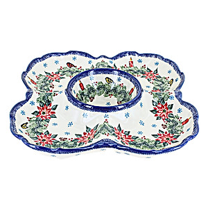 Blue Rose Polish Pottery Red Wreath Chip & Dip Tray
