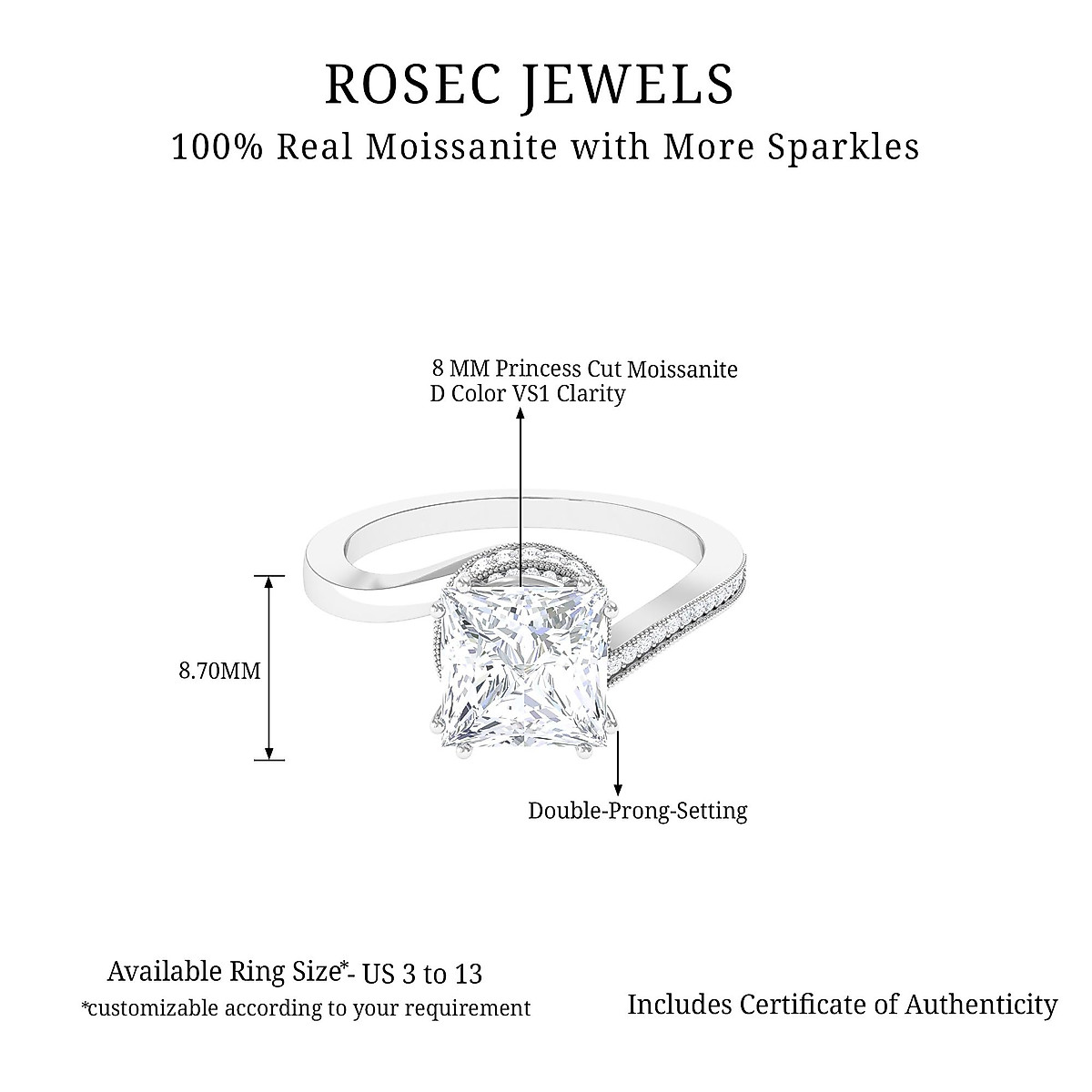 Rosec Jewels Certified Moissanite Solitaire Bypass Engagement Ring for Women | 3.75 Cttw | 8 MM | D-VS1 Quality, 14K White Gold, Size:US 6.50