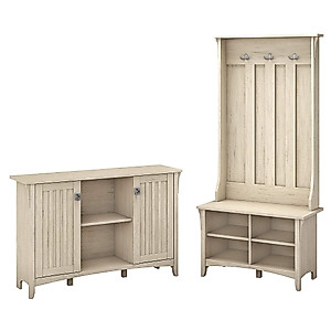 Bush Furniture Salinas Entryway Storage Set with Hall Tree, Shoe Bench and Accent Cabinet in Antique White