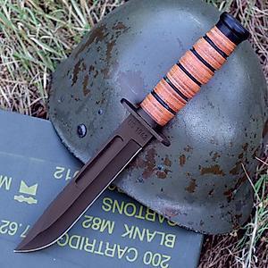 K EXCLUSIVE US Marine 1942 Combat Knife And Sheath - Stainless Steel Blade, Classic Stacked Leather Handle, Exact WWII Replica, Great for Field Carry - Length 12"