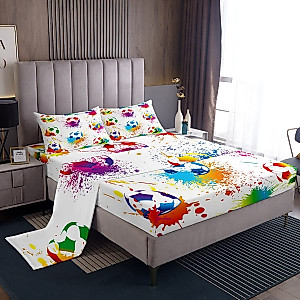 Manfei Soccer Sheet Set Twin Size, Colorful Tie Dye Football Bedding Set for Kids Boys Teens Room Decor, Sports Theme Bed Sheet Set 3pcs with Deep Pocket Fitted Sheet + Flat Sheet + 1 Pillowcase