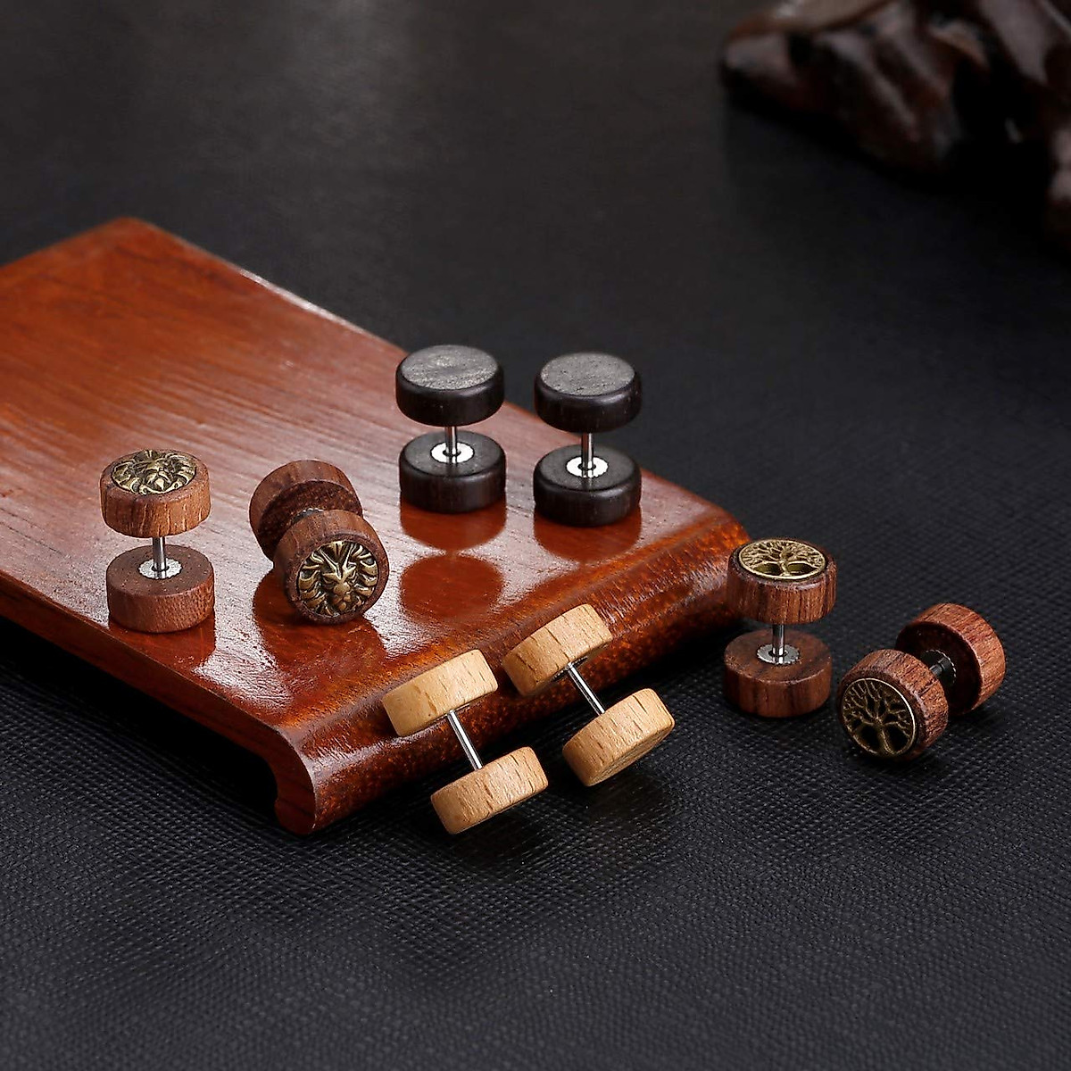 JOVIVI 8 Pairs 18G/16G Wood Faux Gauges Earrings For Men Women Punk Stainless Steel Turquoise Barbell Stud Earrings Fake Flesh Ear Tunnels Expander Plugs 00G Gauge Look