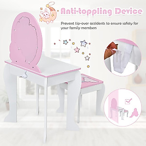 OLAKIDS Kids Vanity, 2 in 1 White Princess Wooden Table and Chair Set for Toddlers with Detachable Unicorn Mirror, Stool, Storage Drawer, Pretend Beauty Make Up Dressing Play Set for Girls Age 4-9