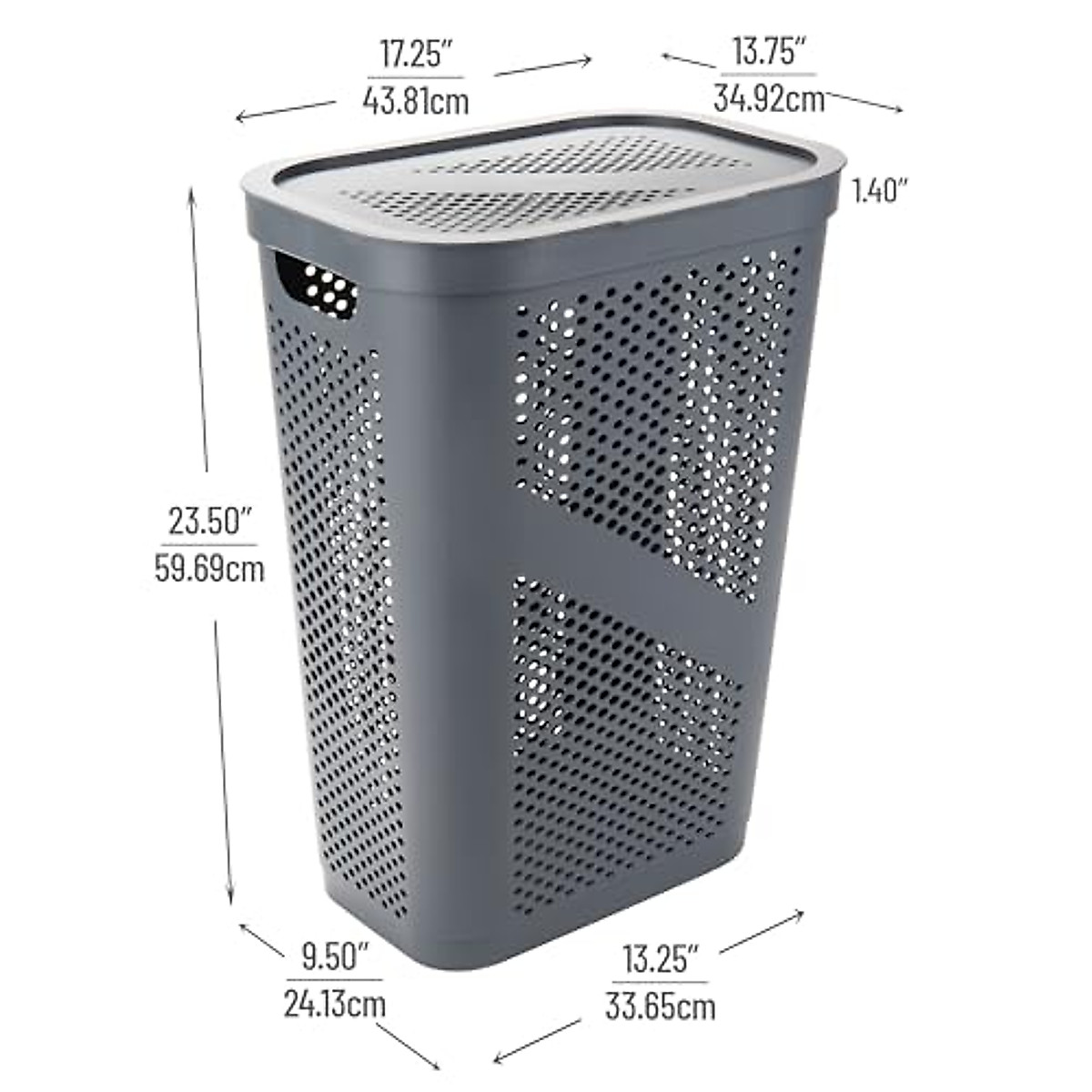 Mind Reader 60L Slim Laundry Hamper, Clothes Basket, Lid, Ventilated, Plastic, 17.25"L x 13.75"W x 23.5"H, Set of 2, Gray