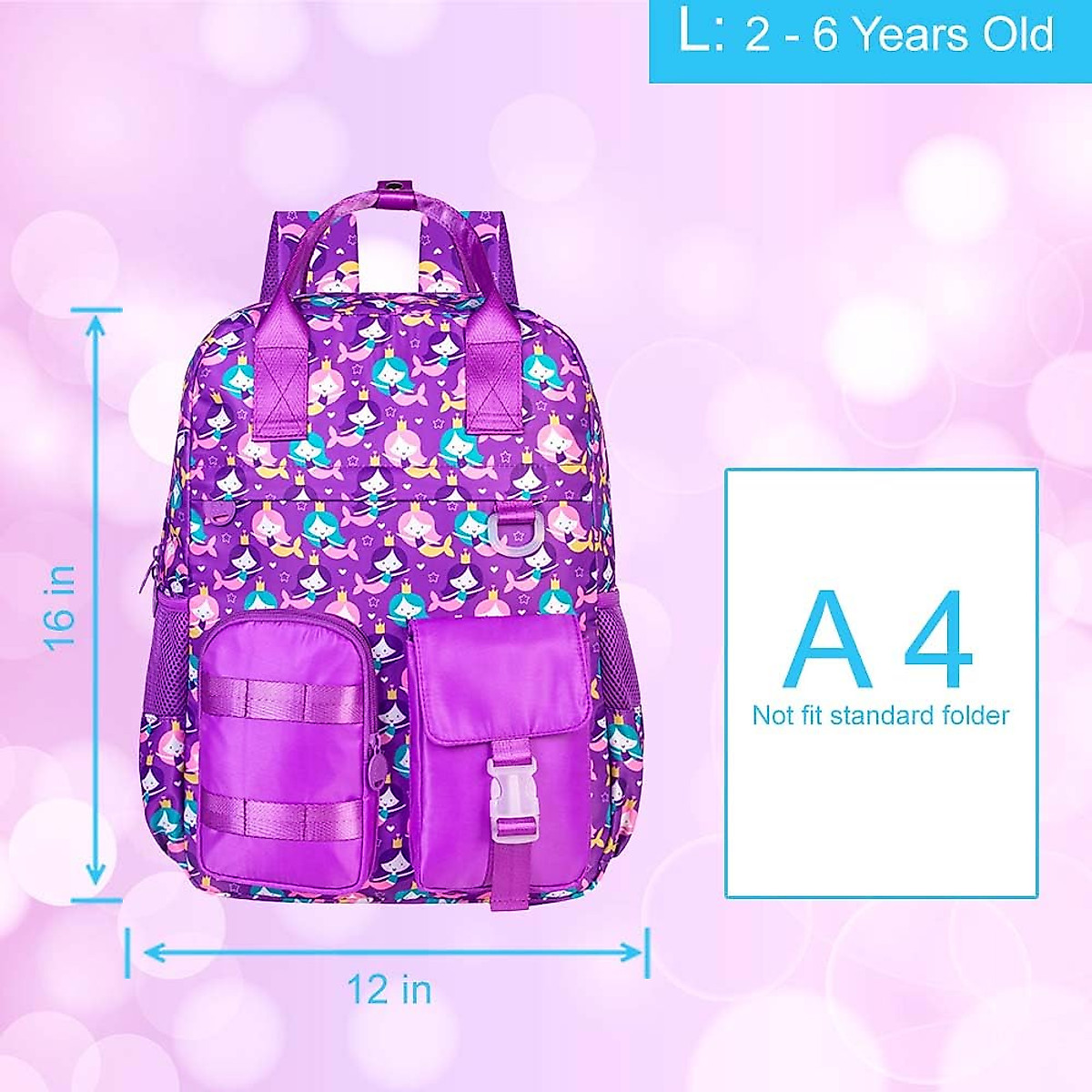 Mermaid Backpack for Girls, 16’’ Kids Backpacks Lightweight Water Resistant Preschool Bookbag, Elementary Kindergarten Travel School Bag for Little Girls With Chest Strap