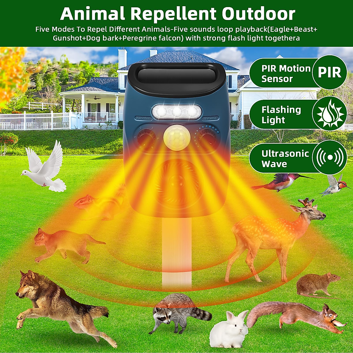 Upgraded Solar Ultrasonic Bird Repeller Bird Deterrents for Outside Bird Repellent Devices Outdoor with Flashing Light & Motion Sensor to Scare Bird Pigeon Woodpecker Out of Farm Balconies House
