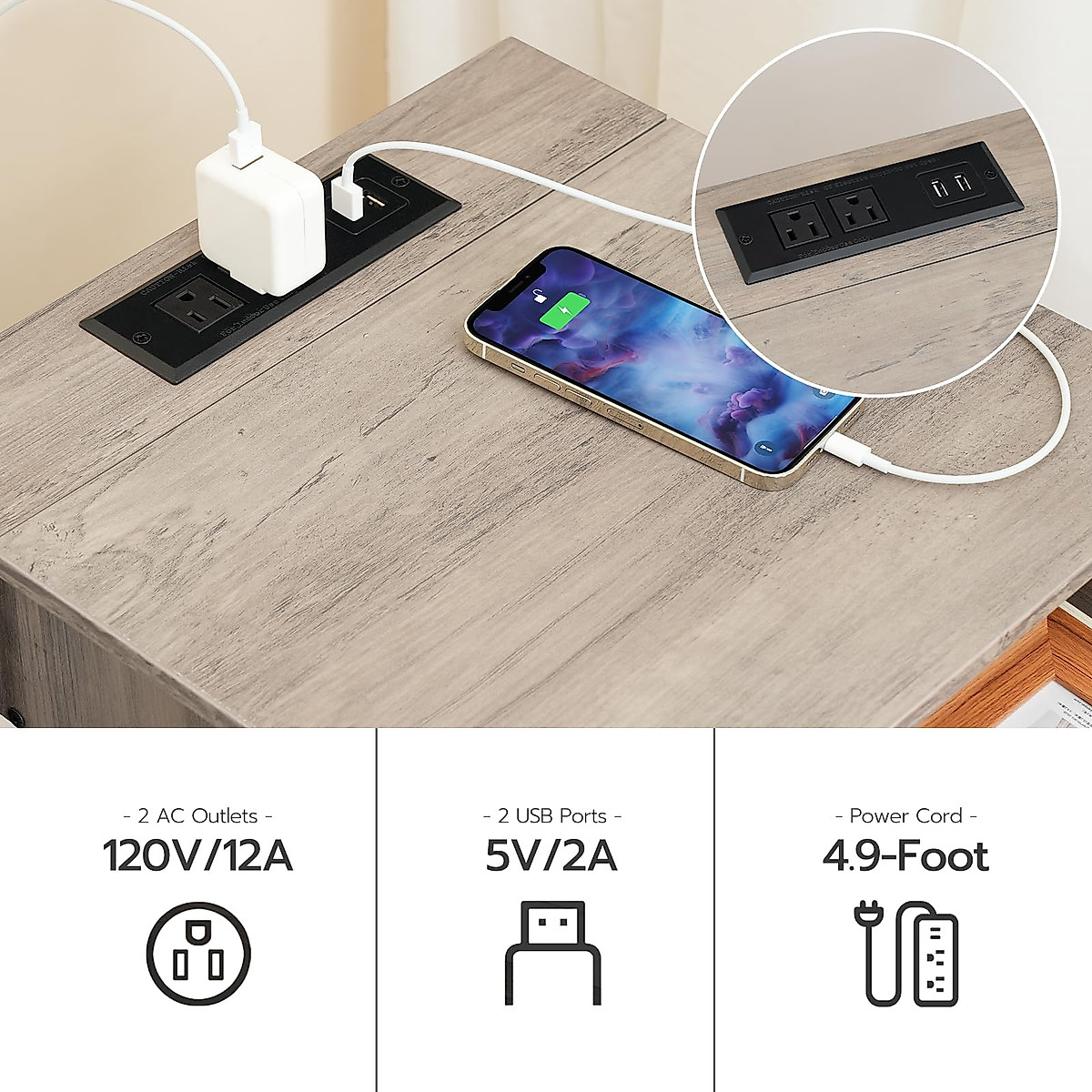 HOOBRO Nightstands Set of 2 with Charging Station, End Tables Set of 2 with Storage Drawer, Bedside Table with USB Ports and Outlets, Night Stand for Bedroom Greige and Black BG40UBZP201