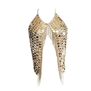 Women's body chain sexy tassel Sequin bra jewelry sling body chain wedding Halloween Costume Top Party Beach jewelry (golden-3606)