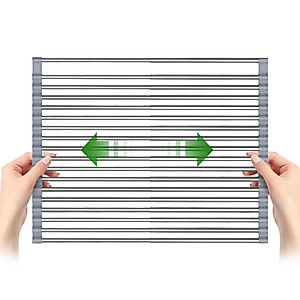 Sindax Roll Up Dish Drying Rack, 23‘’x13'' Stretchable Stainless Steel Over The Sink Dish Rack Multifunctional Foldable Over Sink Rack with Utensil Holder for Kitchen