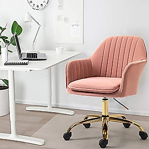 HOMHUM Desk Chairs with Wheels, Home Office Chair Mid-Back Velvet Office Chair Adjustable Cute Chair with Side Arms and Gold Metal Base for Living Room, Bedroom, Home Office, and Vanity Room (Pink)