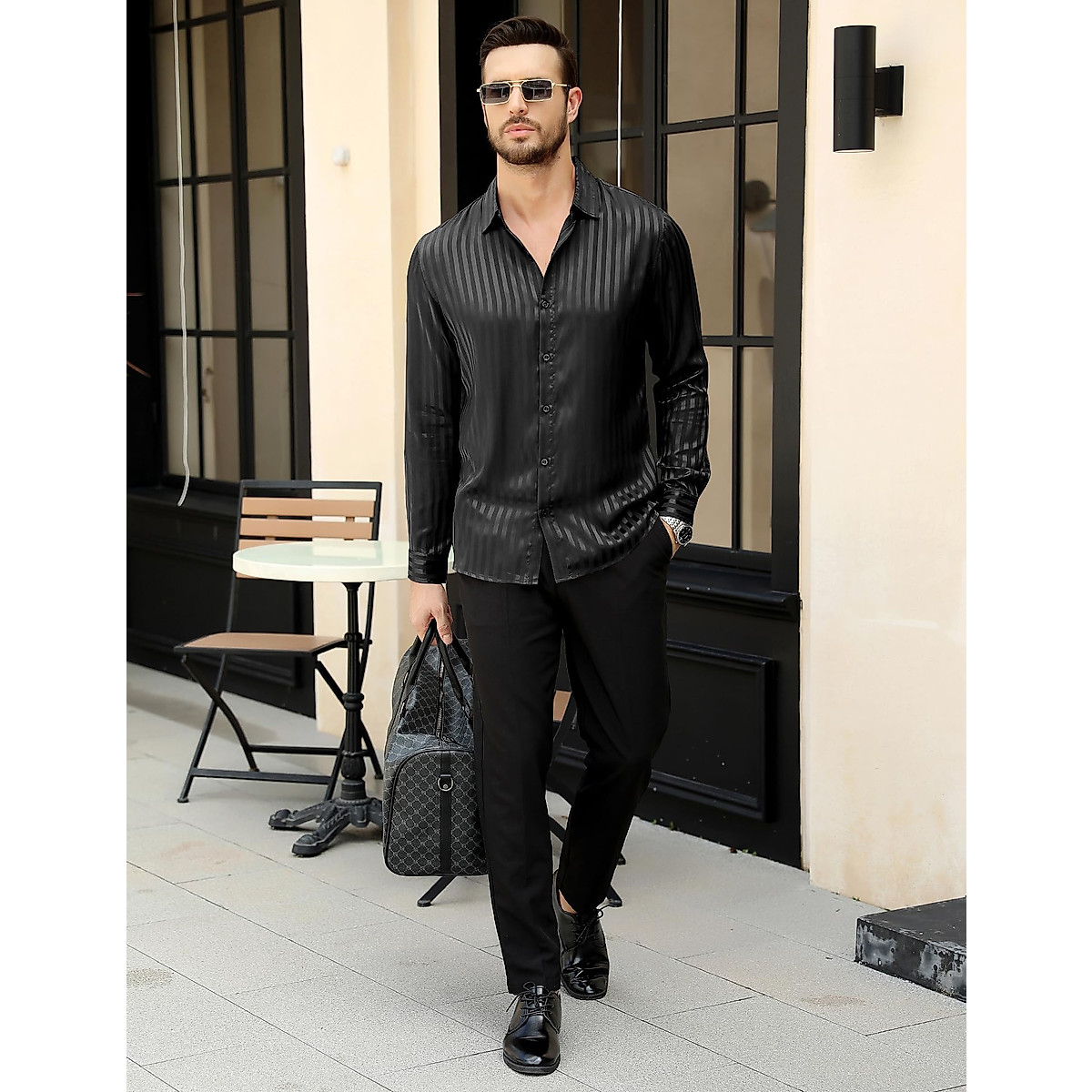 URRU Men's Black Dress Shirt Luxury Dress Shirts Casual Luxury Shiny Silk Long Sleeve Striped Button Down Wedding Shirt Party Prom Shirt Black L