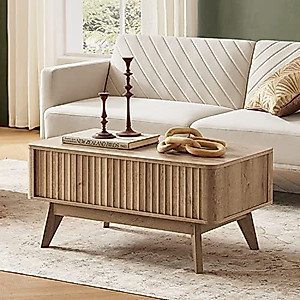 mopio Brooklyn Mid-Century Modern Lift Top Coffee Table, Waveform Panel with Hidden Storage, Sleek Curved Profile Lift Tabletop Dining Table (Golden Oak, Coffee Table)