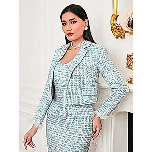 WePurchase Plaid Lapel Collar Fuzzy Cuff Single Button Tweed Overcoat (Color : Mint Blue, Size : Medium)