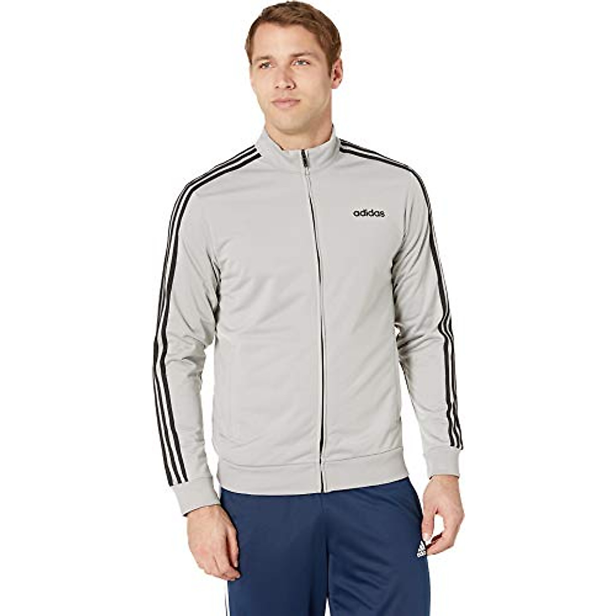 adidas Men’s Essentials 3-stripes Tricot Track Jacket, Medium Grey Heather/Solid Grey/Black, Medium