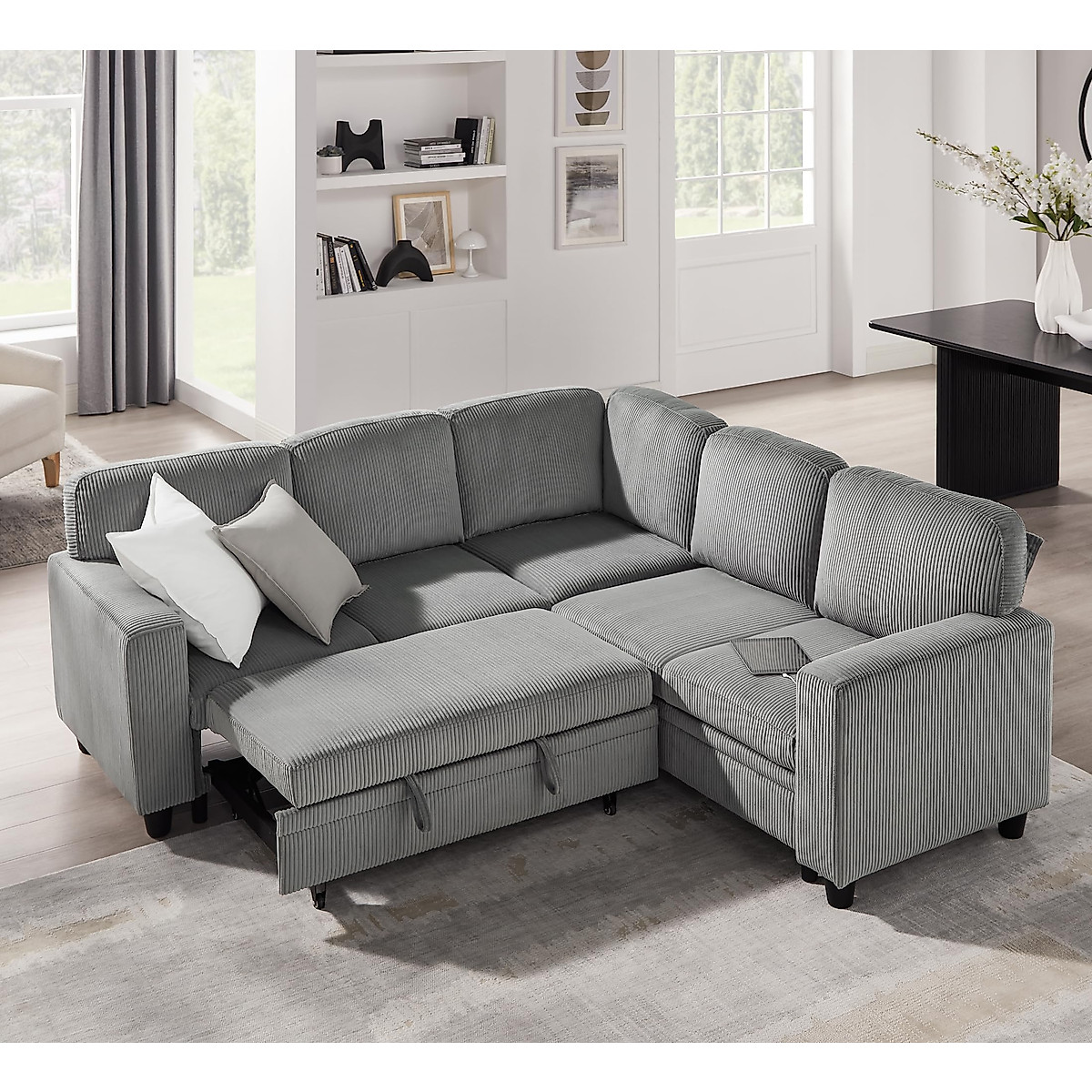 RedLemon Sectional Sleeper Sofa with Pull Out Couch Bed, 80'' Convertible L Shaped Couch with Storage Chaise & USB Charging Port, Comfy Sofa for Living Room, Apartment, Corduroy, Light Grey