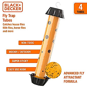 BLACK+DECKER Fly Traps Outdoor & Fly Trap Tubes for Indoors- Hanging Fly Sticky Trap Sticks for Catching House Flies, Horse Flies, Gnats, Mosquitoes & Other Insects- Pre-Baited, 4 Pack