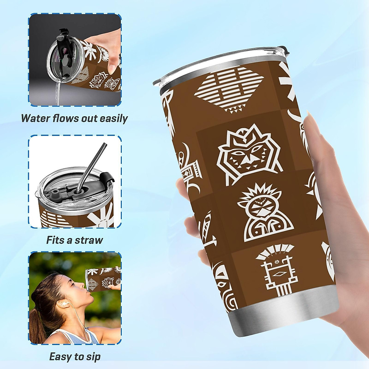 Traditional Culture Of Brown Totem Stainless Steel car cup with Straw Lid coffee travel mug 20oz for hot and cold drinks simply Vacuum Insulated Tumbler 20 OZ
