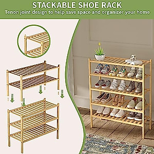 ROMGUAR CRAFT 3 Tier Bamboo Shoe Rack for Closet Free Standing Wood Shoe Shelf for Entryway Small Space Stackable 27"x11"x20" (Natural)