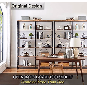 O&K FURNITURE Double Wide 6-Shelf Bookcase, 80.7” Industrial Large Open Metal Bookcases Furniture, Etagere Bookshelf for Home & Office, Vintage Brown