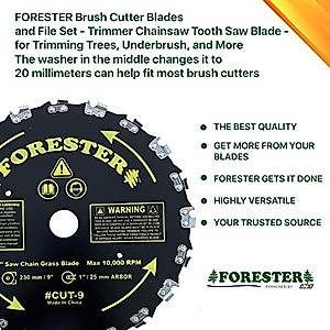 FORESTER Brush Cutter Blades and File Set - Trimmer Chainsaw Tooth Saw Blade - for Trimming Trees, Cutting String, Underbrush, and More - 20 Tooth 9" Circular Brush Blade with 3/16" File
