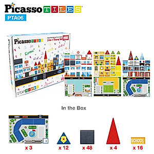 PicassoTiles 80pc School, Hospital, Police Station 3-in-1 Theme Magnet Self Adhesive Backing Stick-On Puzzle Graphic Kit and Overlay Maps for Magnetic Building Blocks STEM Learning Construction Toy