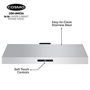 COSMO UMC36 36 in. Ducted Under Cabinet Stainless Steel Range Hood with LED Light, 380 CFM, Permanent Filter, 36 inch