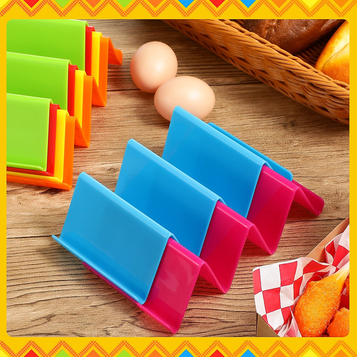 18 Pcs Taco Holders Stand Colorful Taco Trays Plates and Rack for Soft or Hard Taco Shells Pp Health Material Very Hard and Sturdy, Dishwasher & Microwave Safe