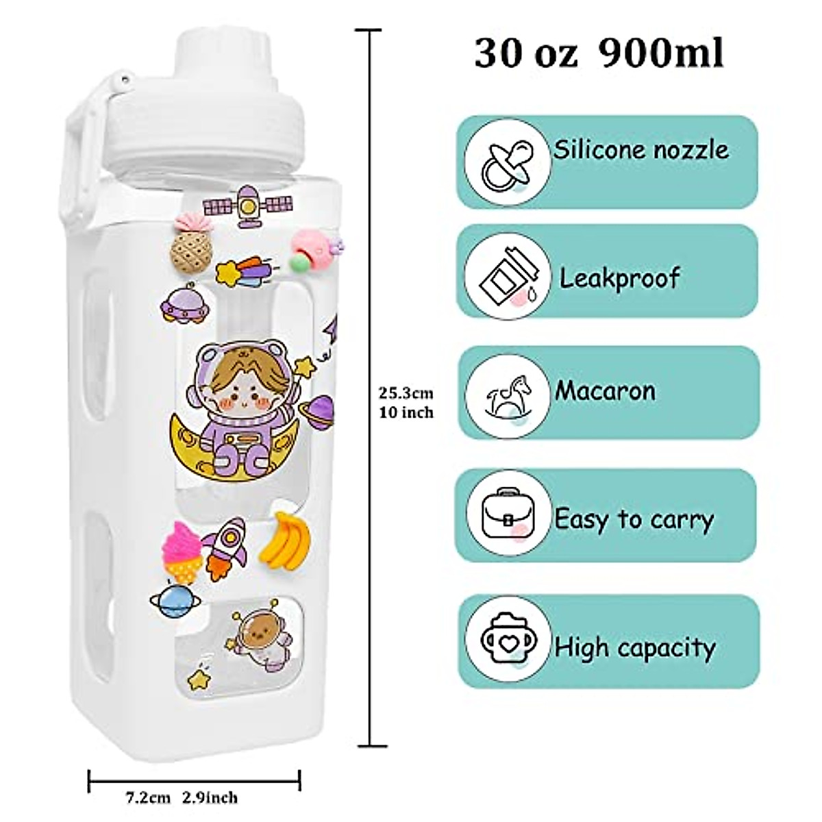 Fanovo Kawaii Water Bottle for Girls, Cute Kids Water Bottles with Straw, Carton Water Jug Large Square Drinking Bottle, Portable Leakproof Aesthetic Water Cup + 3D Stickers/Shoulder Strap, 30 oz