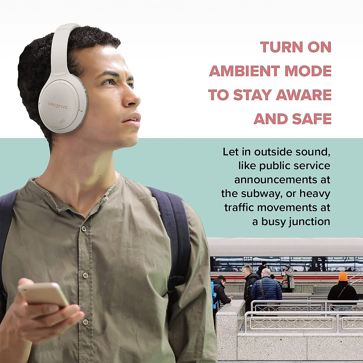 Creative Zen Hybrid (White) Wireless Over-Ear Headphones with Hybrid Active Noise Cancellation, Ambient Mode, Up to 27 Hours (ANC On), Bluetooth 5.0, AAC, Built-in Mic, Foldable
