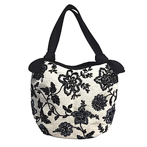 HCRAFT Embroidered Handbags for Women, Beads Flower Shoulder Tote Bag with Zipper,12.6"x5.5"x9", Fabric Tote Bag, Hobo Bags For Women, Tote Bag Aesthetic with Inner Pocket