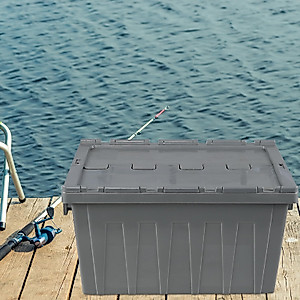 Qqbine 4 Packs 15 Gallon Heavy-Duty Flip Top Plastic Storage Bins, Commercial Plastic Storage Tote with Attached Lid, Gray