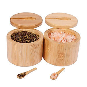 Salt Box Bamboo Salt Container with Swivel Lid, 2Pack Bamboo Salt and Pepper Box, Bamboo Salt Bowl Salt Cellar Easily Open and Seal Salt Holder Dish, Spice Cellar for Storing Salt Pepper Sugar Herbs