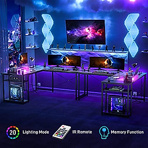 Cyclysio L Shaped Desk with Power Outlets and USB Ports, Reversible L Shaped Gaming Computer Desk with LED Light, 83.5'' Large 2 Person Desk with Monitor Stand, L-Shaped Corner Desk, Grey and Black