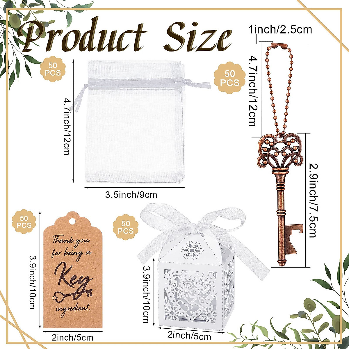 Sawysine 50 Set Key Bottle Openers Skeleton Key Valentine's Day Favors with Escort Card Tag and Key Chains, Love Heart Laser Cut Candy Boxes and White Organza Bags Rustic Decoration