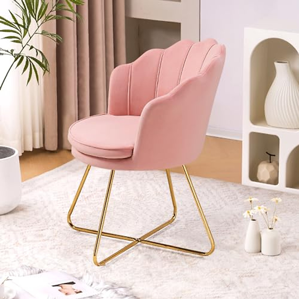 Furniliving Pink Vanity Chair, Velvet Makeup Chair for Bedroom, Home Office Desk Chair with Gold Plating Legs, Cute Accent Chair for Makeup Room, Bedroom, Living Room, Guest Reception (Velvet Pink)